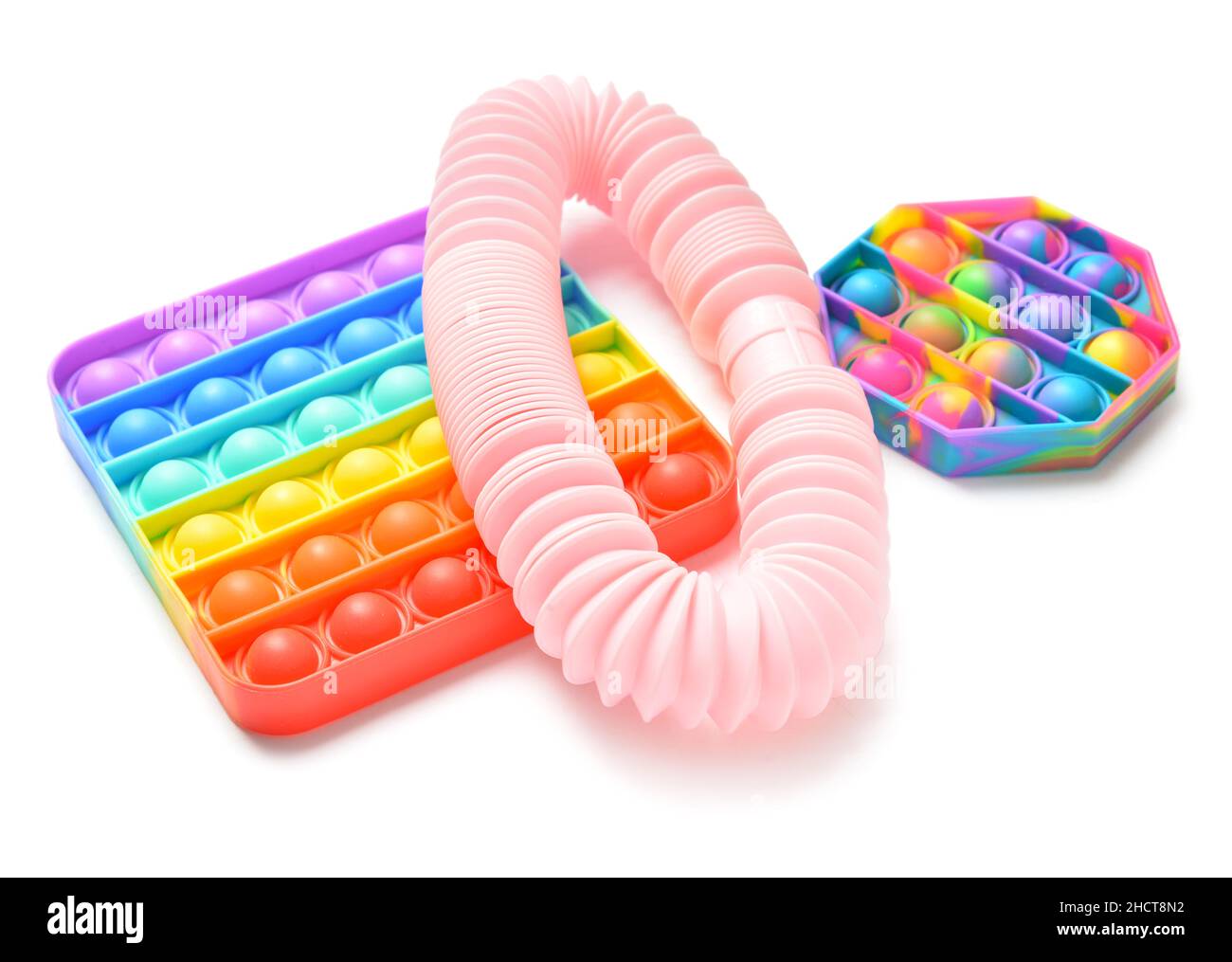 Colorful Pop Tube and Pop it fidget toys on white background Stock ...