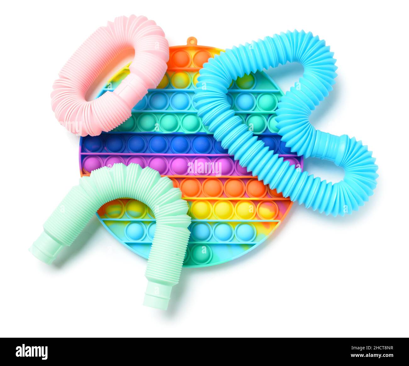 Colorful Pop Tubes and Pop it fidget toy on white background Stock ...