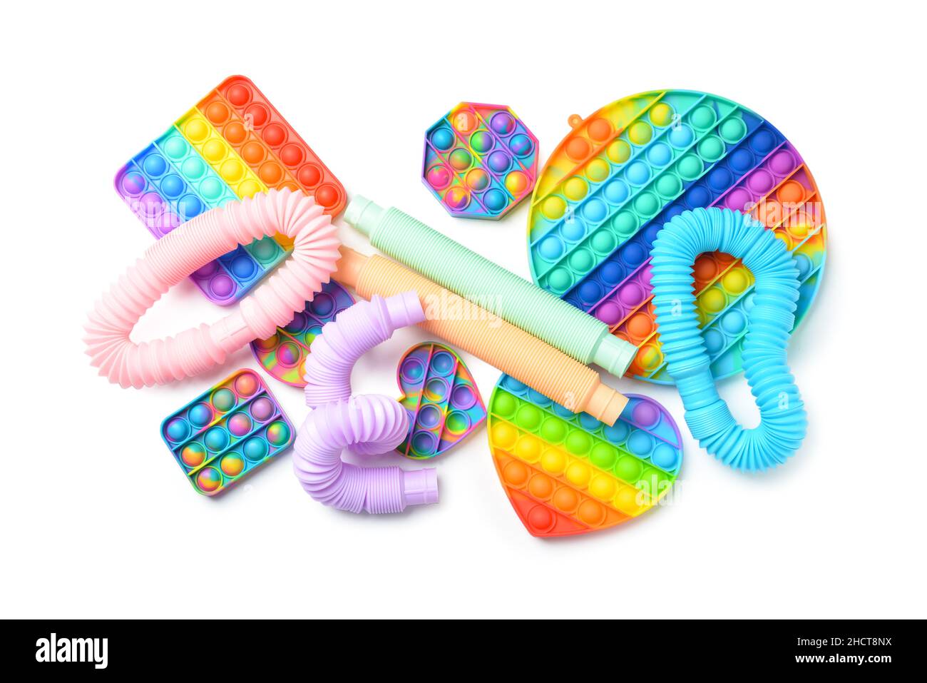 Colorful Pop Tubes and Pop it fidget toys on white background Stock ...