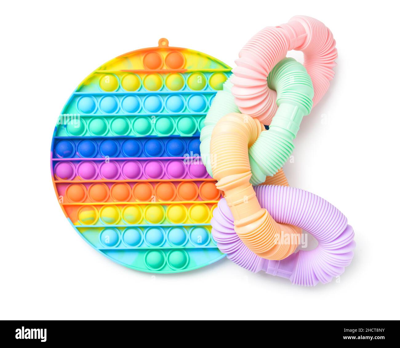Colorful Pop Tubes and Pop it fidget toy on white background Stock ...