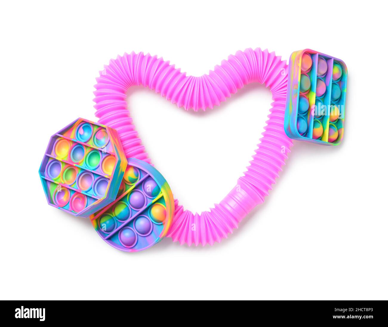 Colorful Pop Tube and Pop it fidget toys on white background Stock ...