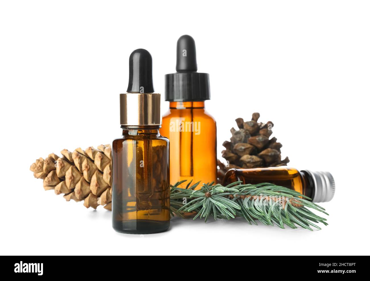 Bottles of essential oil, cones and fir branch on white background ...
