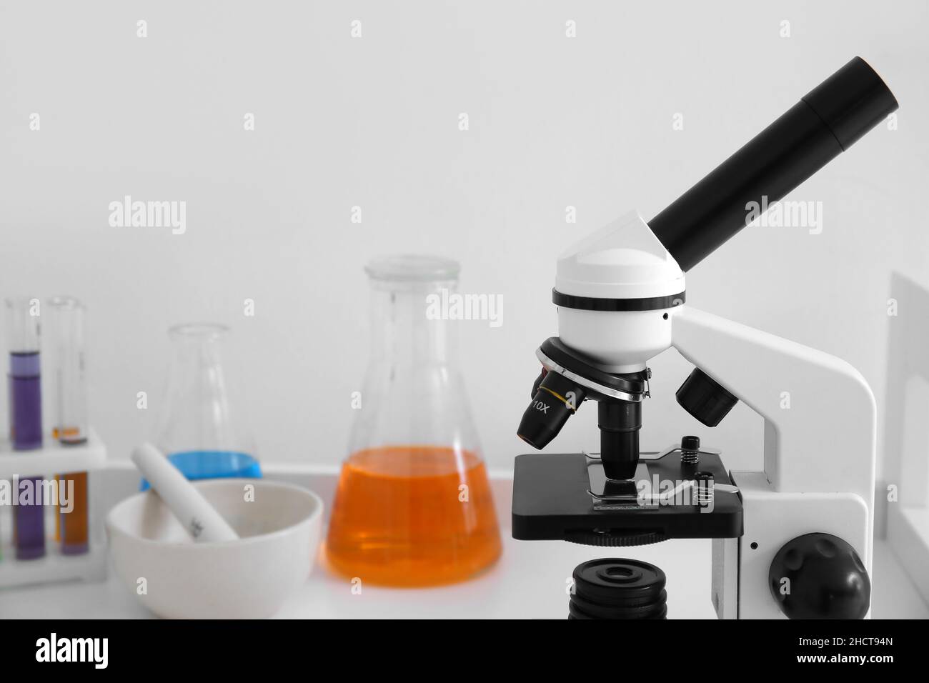 Modern microscope on table in medical laboratory, closeup Stock Photo ...