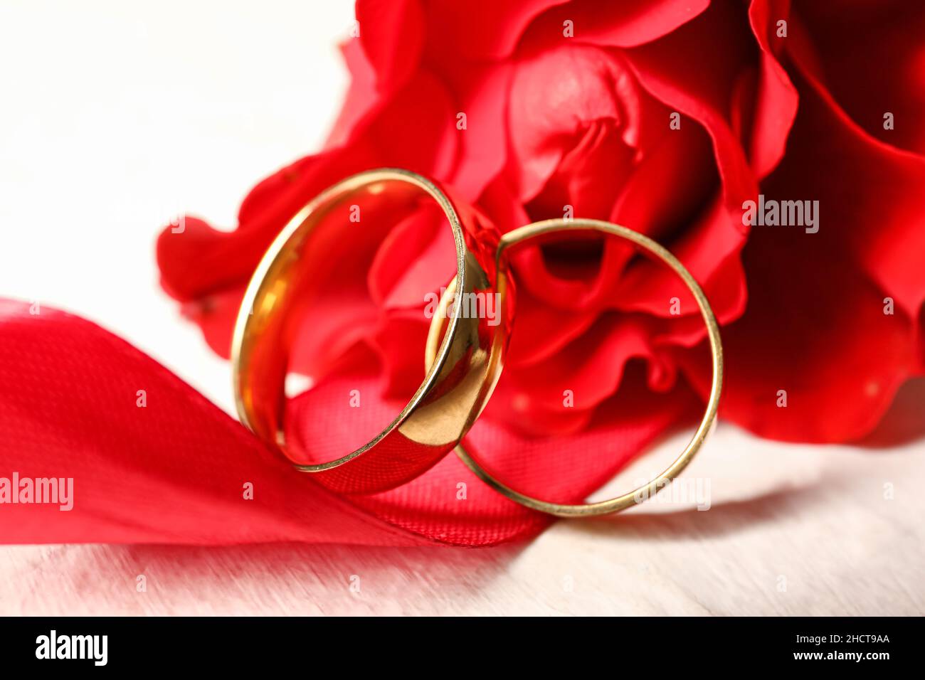 Golden wedding rings with red ribbon and roses on white background ...