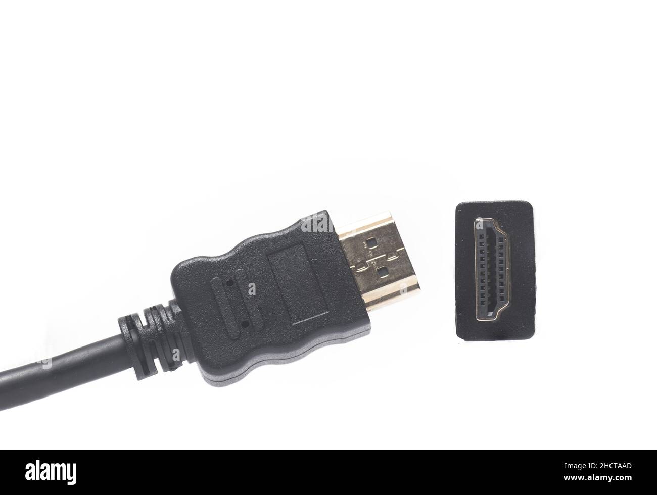 Close up of black HDMI cable with presented connector isolated on white ...