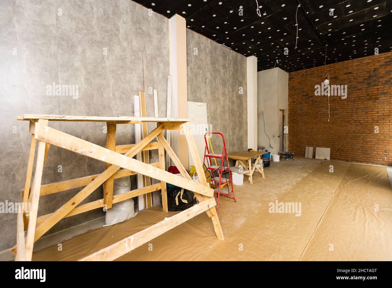 board wall interior decoration of home at construction site with copy ...