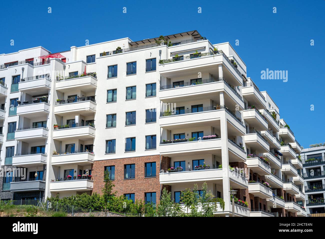 Modern apartment building with big balconies seen in Berlin, Germany ...