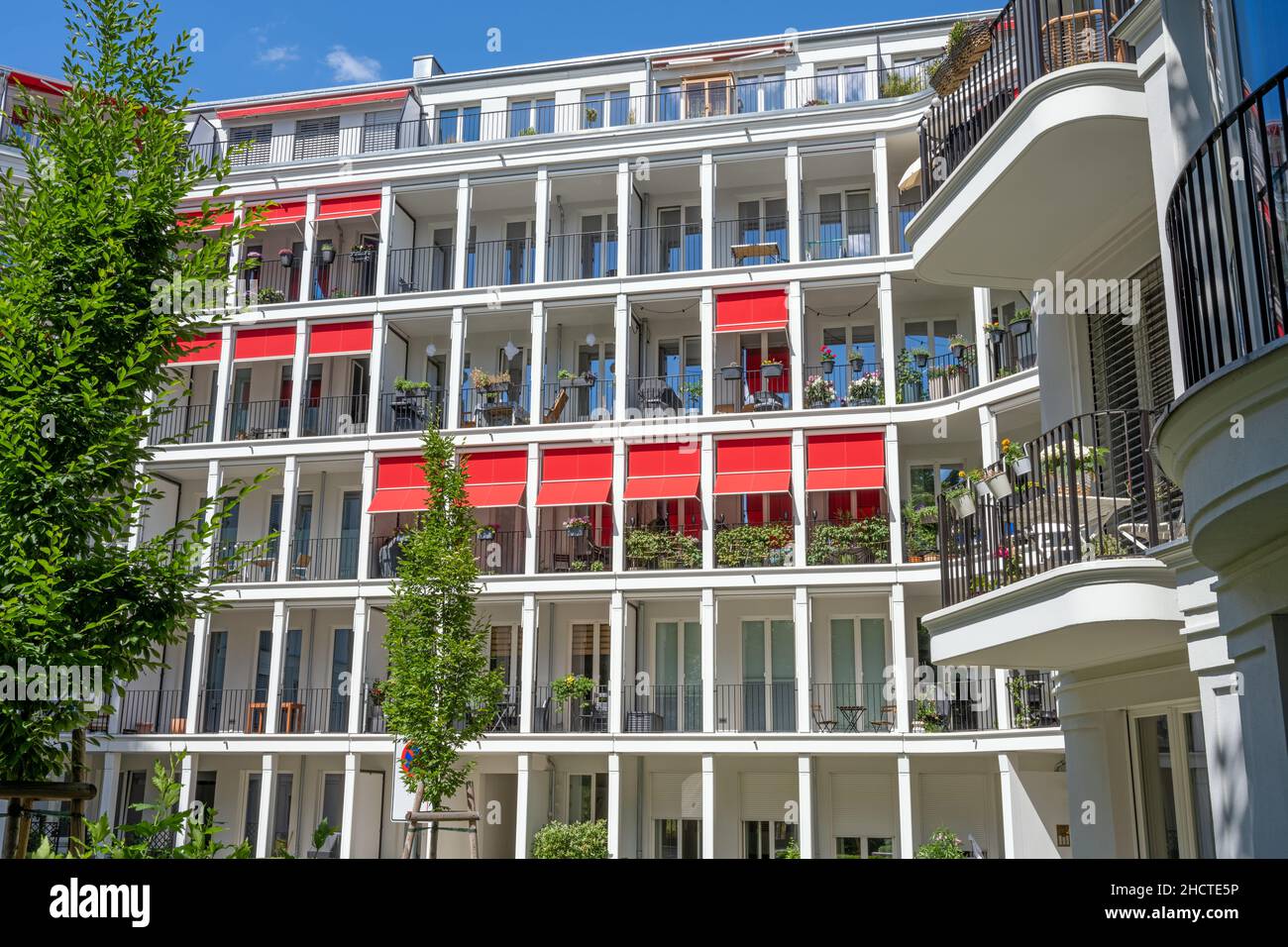 Facade of a modern luxury apartment complex seen in Berlin, Germany ...