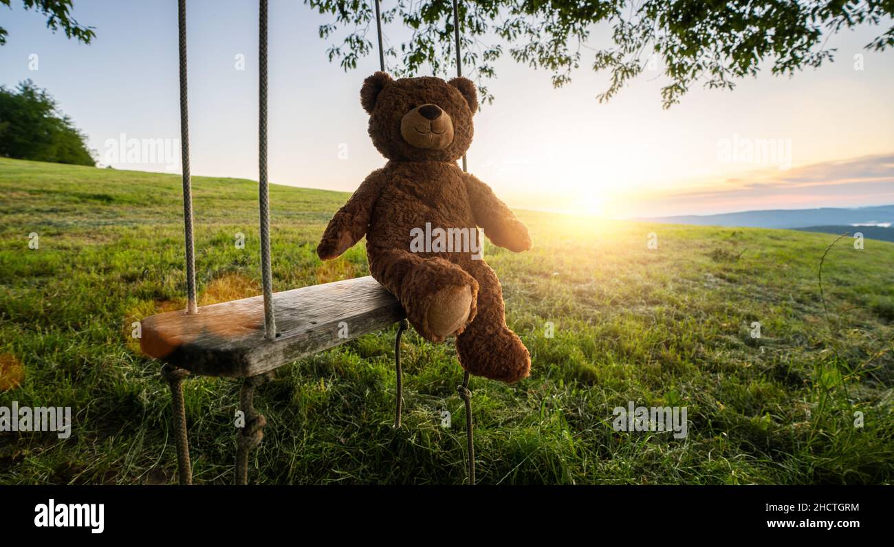 teddy bear sitting on a Swing on sunset. Love theme. Concept about love ...