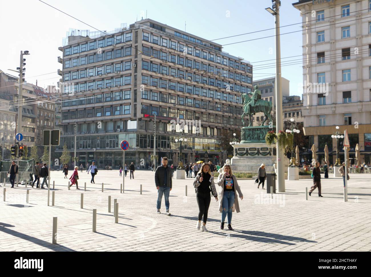 Belgrade, Serbia, Oct 9, 2019 : Republic Square in Belgrade. The statue ...