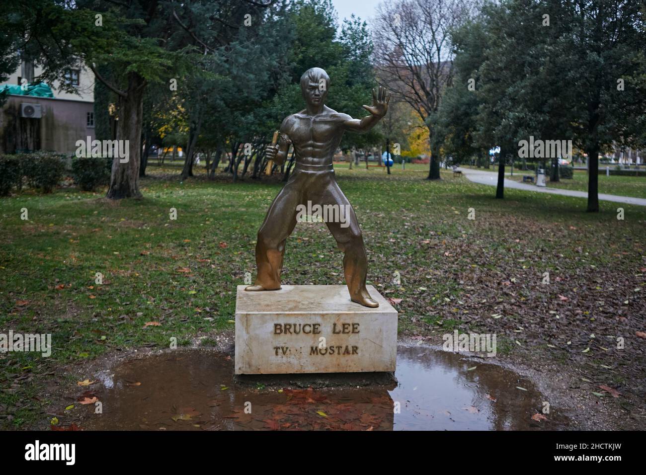 A statue of Bruce Lee in the Zrinjevac City Park in the city of Mostar ...