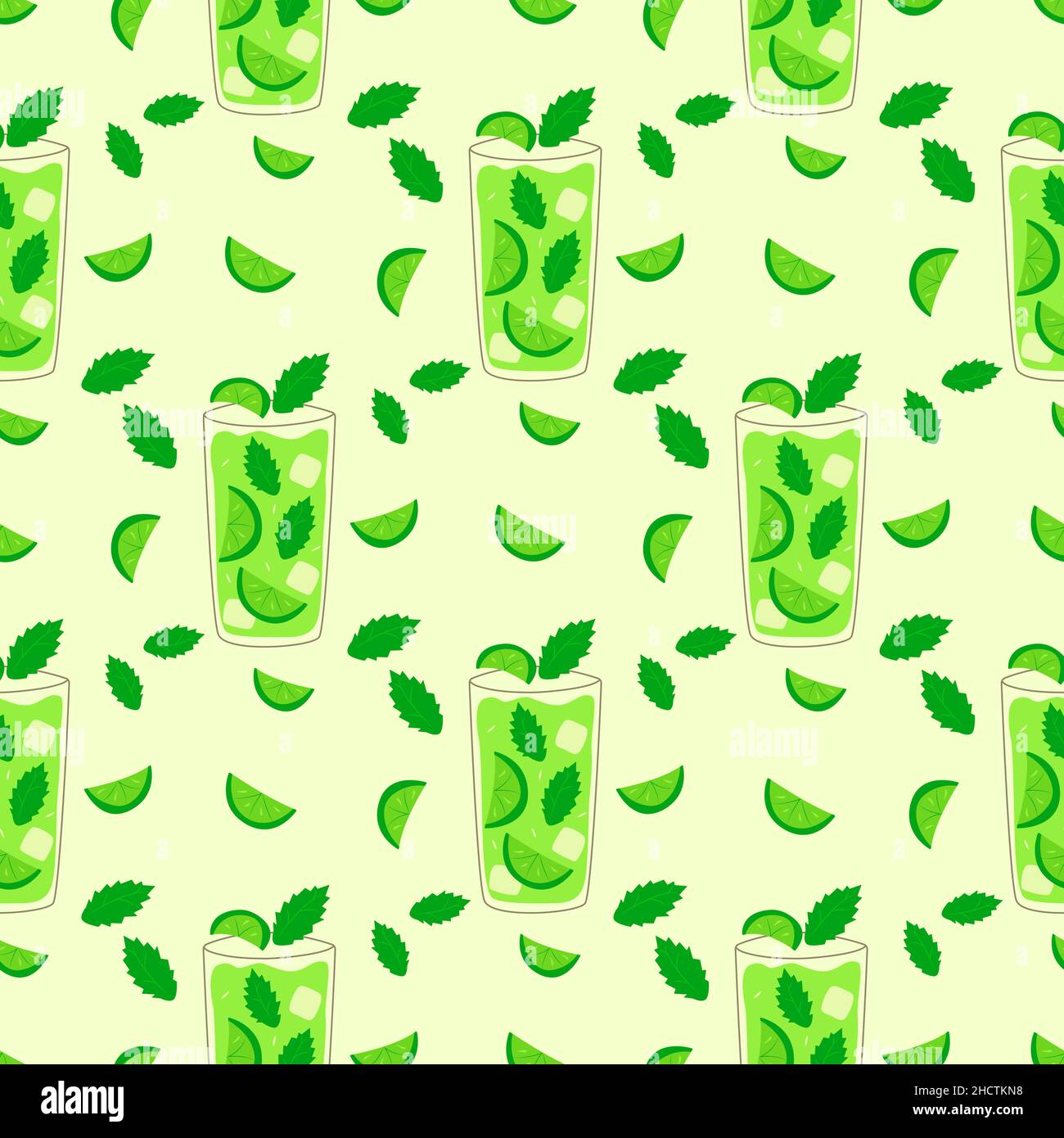 Seamless pattern Mojito in a glass with slices of lime, mint leaves and ...