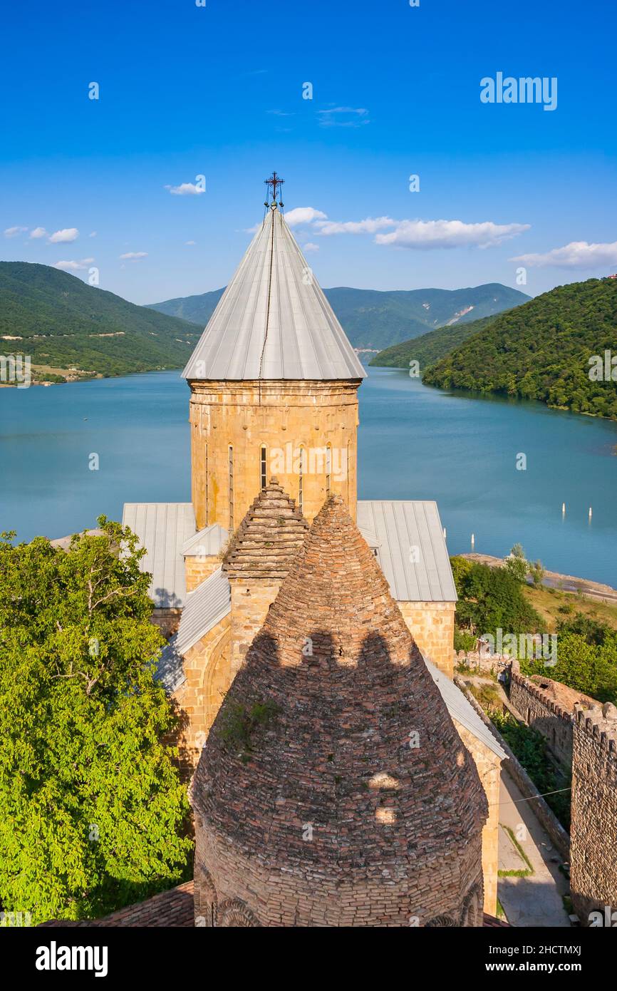 Tower of the Ananuri monastery at the Aragvi River in Georgia Stock ...