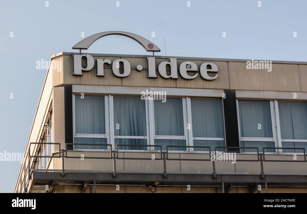 pro Idee logo on the entrance to the headquarters. Pro-Idee GmbH & Co ...