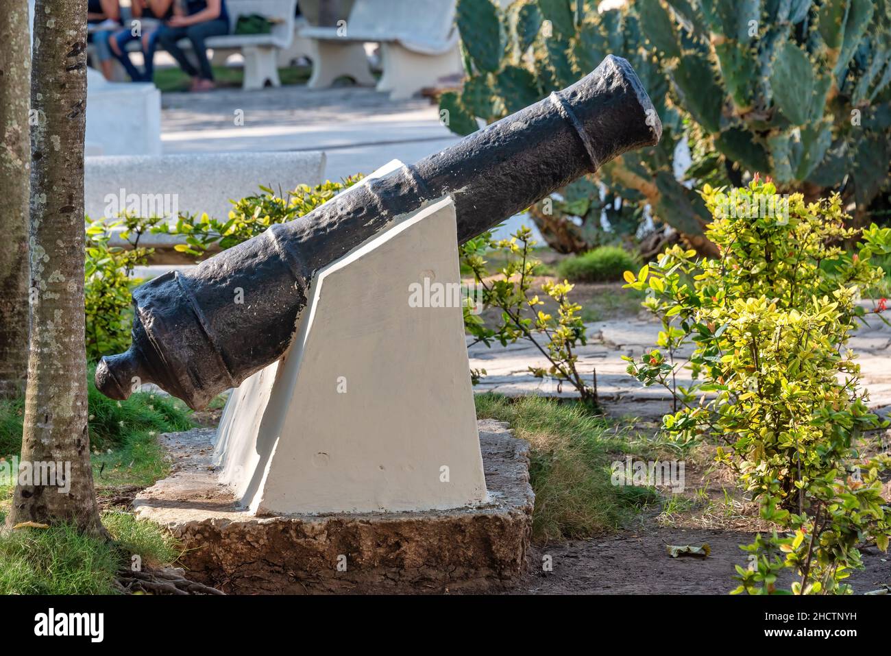 Old colonial cannon in the Vicente Garcia Park. The antique gun honors ...