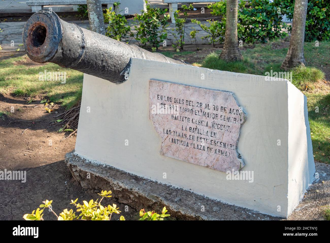 Old colonial cannon in the Vicente Garcia Park. The antique gun honors ...