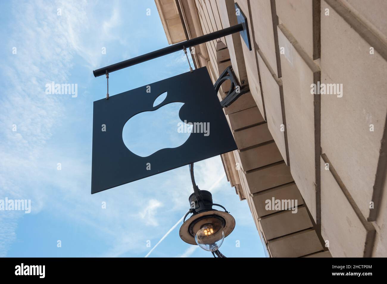 Apple logo on a Apple store. Apple is the multinational technology ...