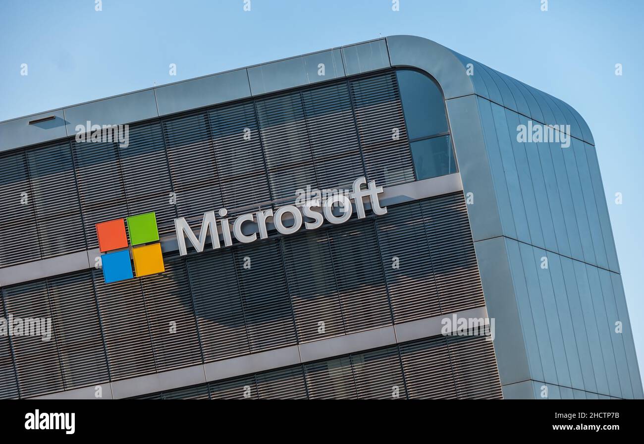 Microsoft logo on a building. Microsoft is an international corporation ...