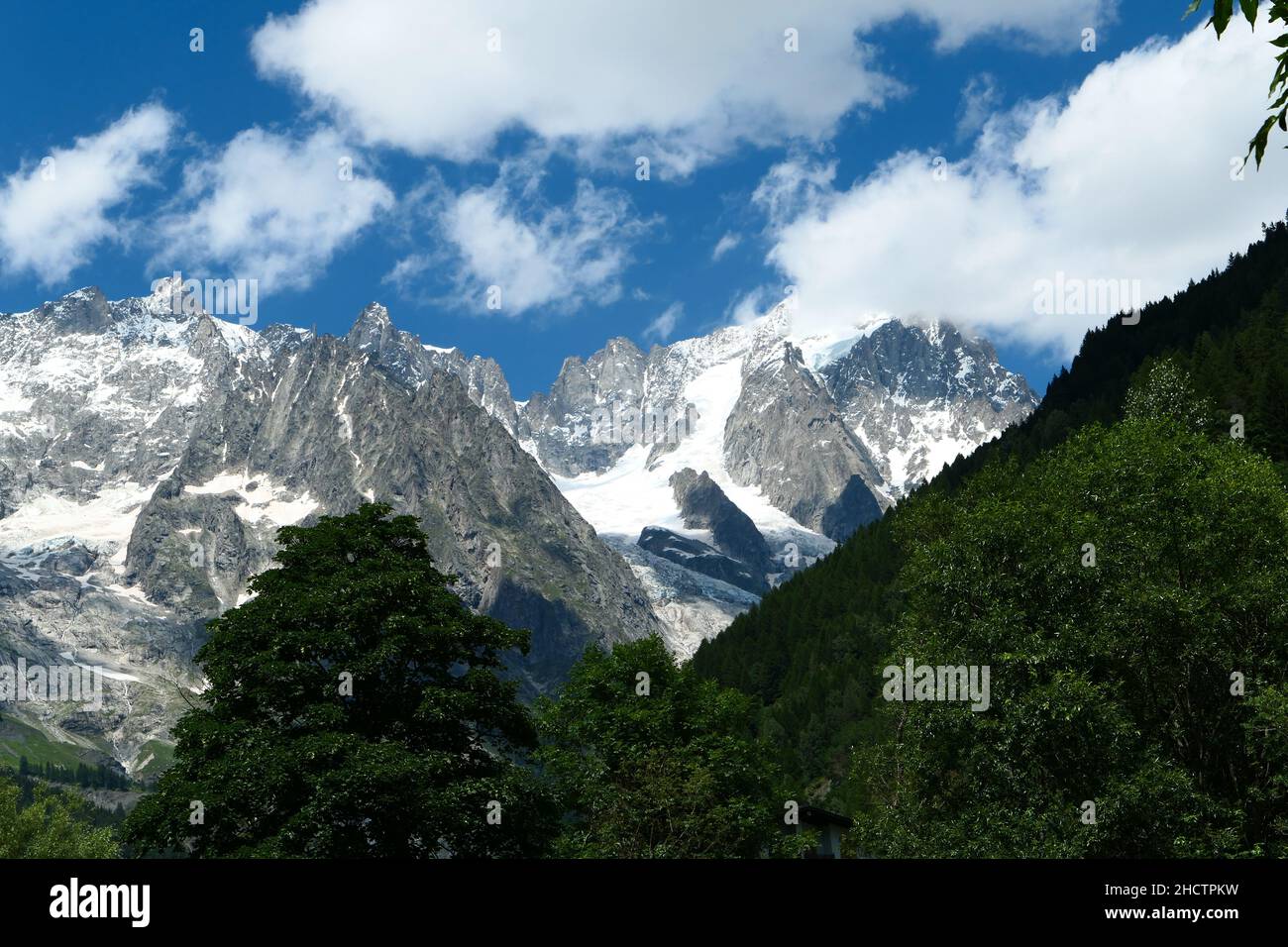 View on Mont Blanc massif. Snow covered mountain range with glaciers ...