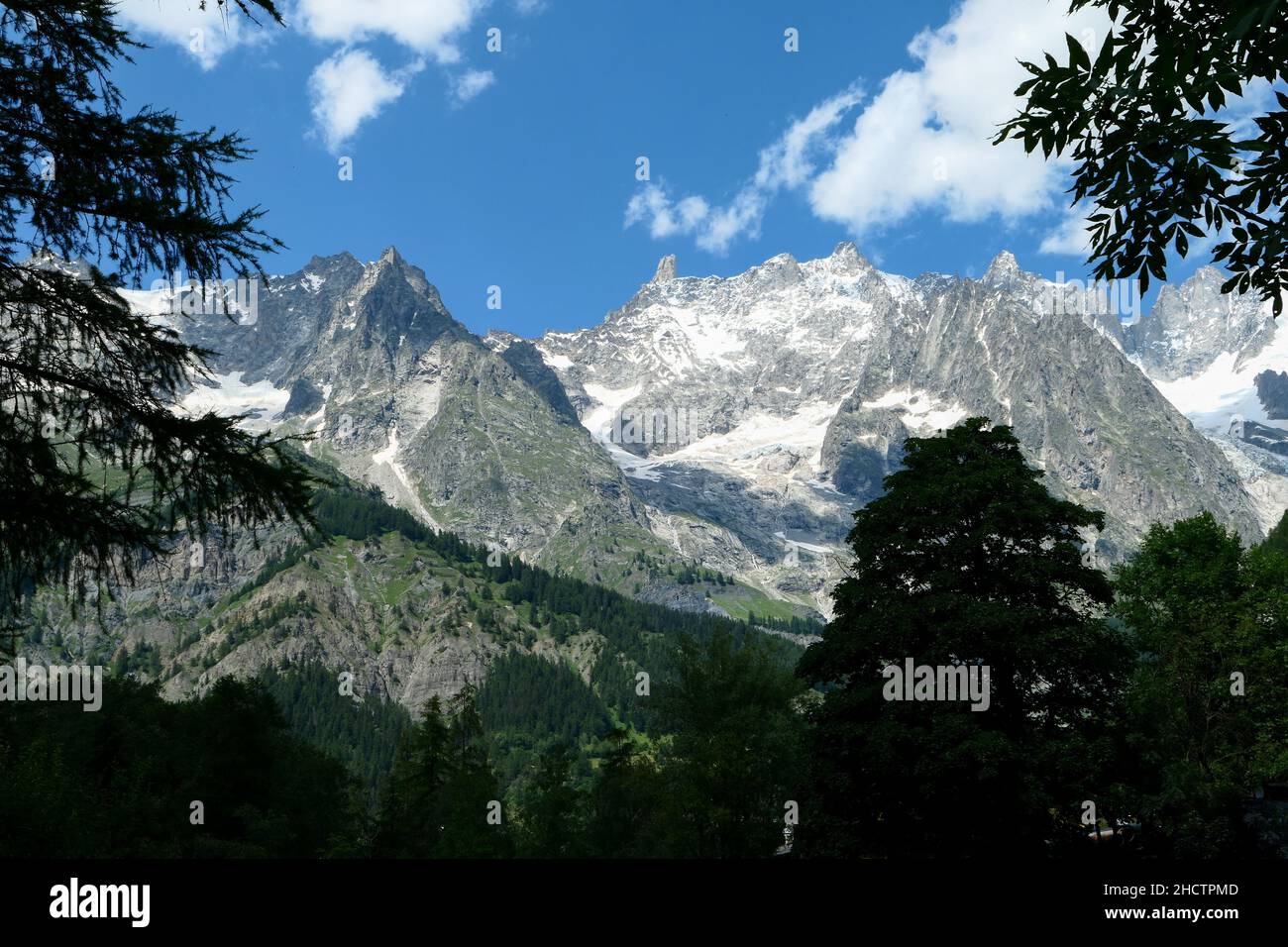 View on Mont Blanc massif. Snow covered mountain range with glaciers ...