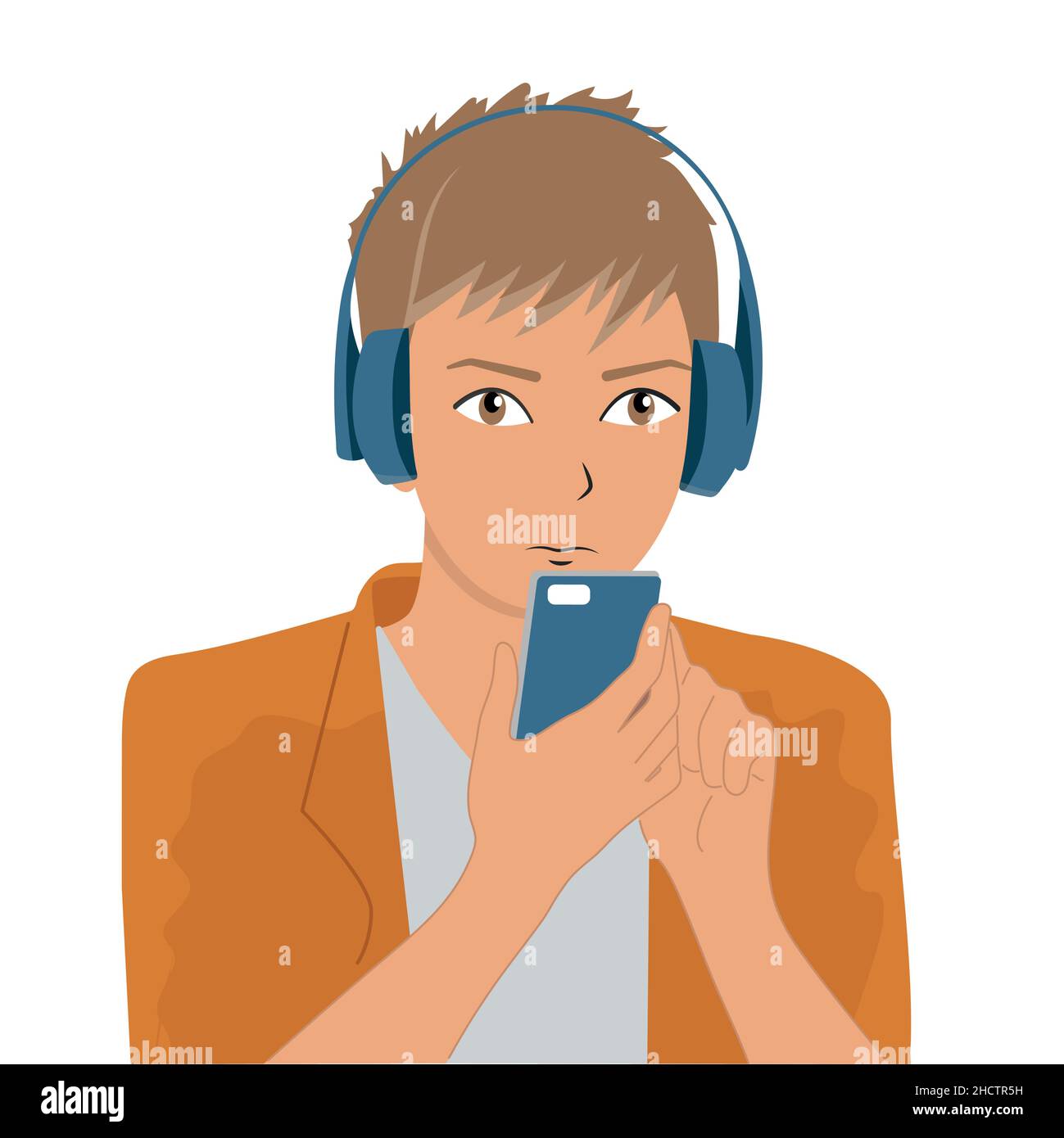 Young guy listens to music and podcasts in headphones. Vector, flat ...