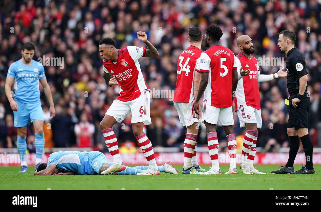 Arsenal's Gabriel Magalhaes (6) reacts after being shown a red card for ...