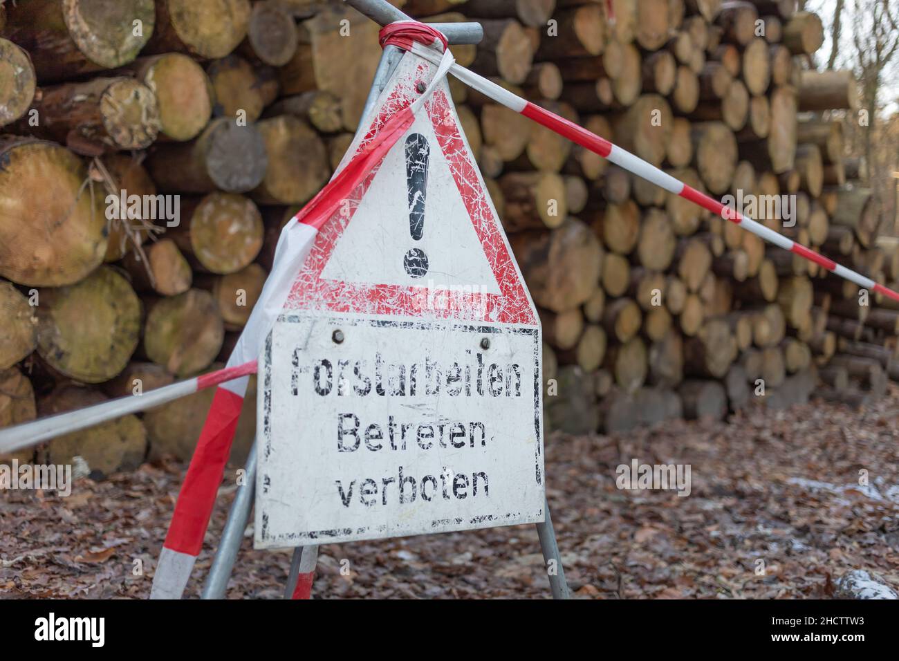 Information sign in german language: "Forestry work - Entry prohibited ...