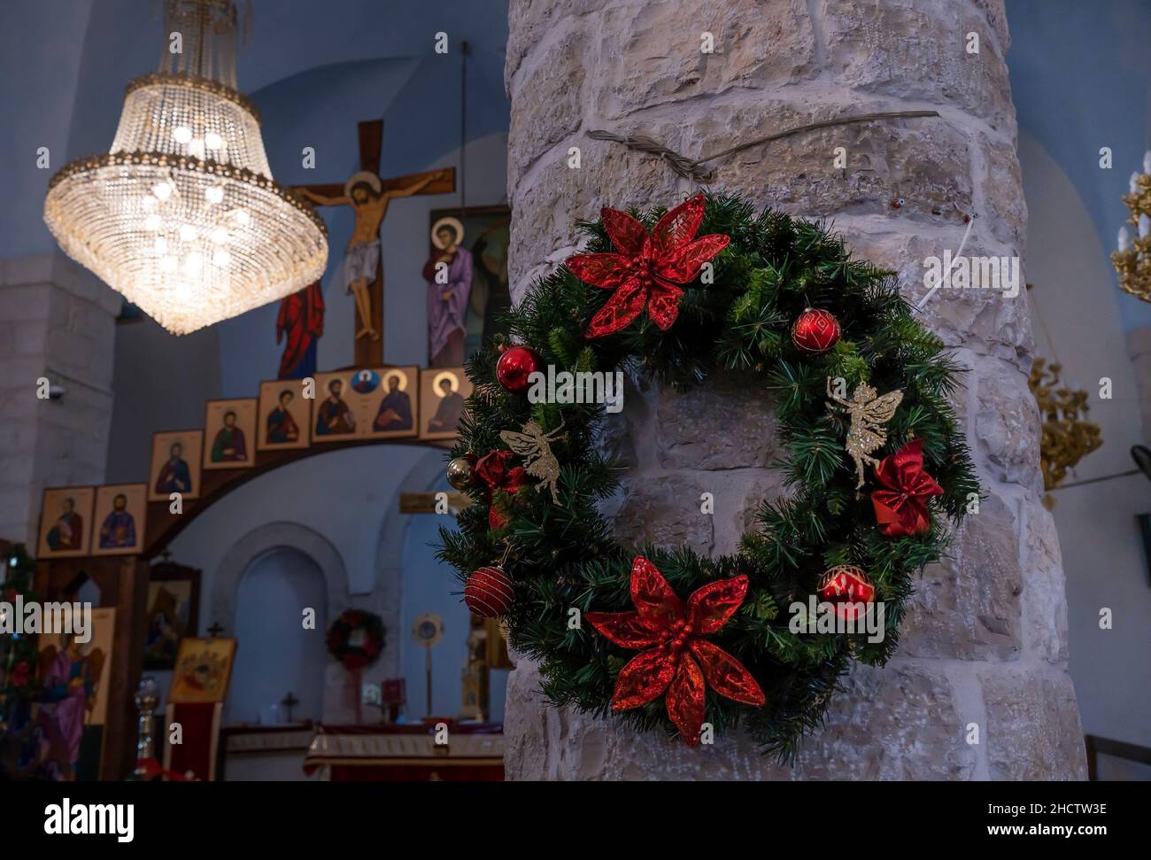 Fassuta, Israel - December 25th, 2021: The church decorated for ...