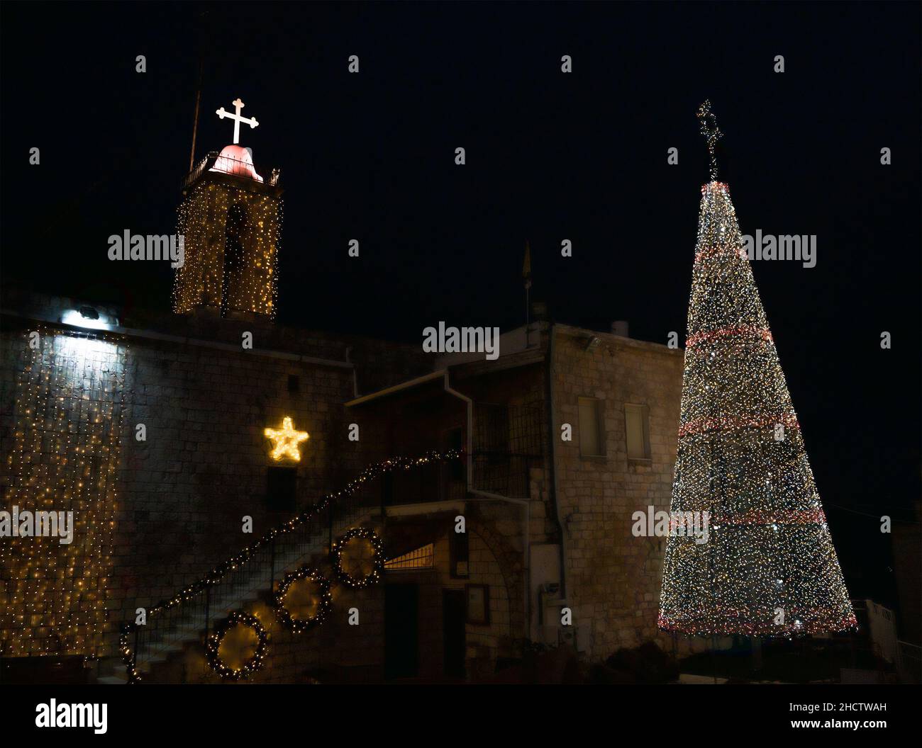 Mi'ilia, Israel - December 25th, 2021: The church and a christmas tree ...