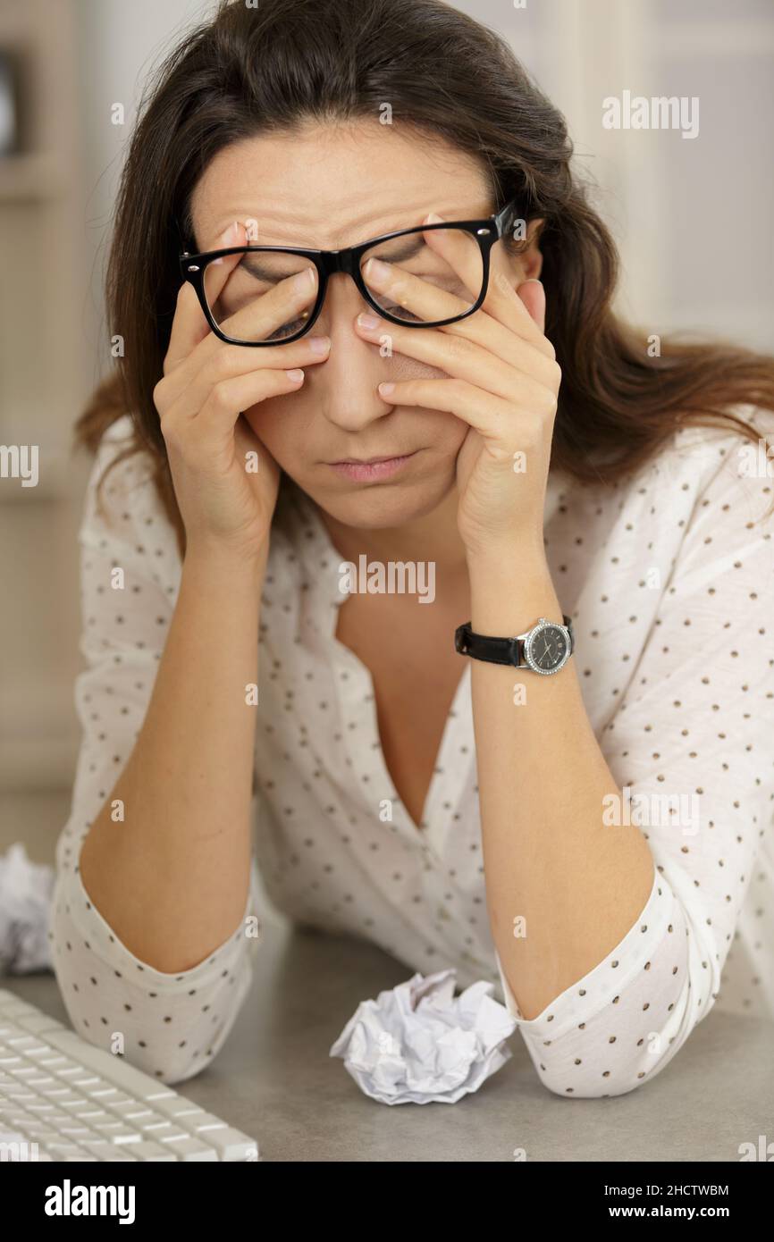 woman tired sad face expression depressed girl deep in thought Stock ...