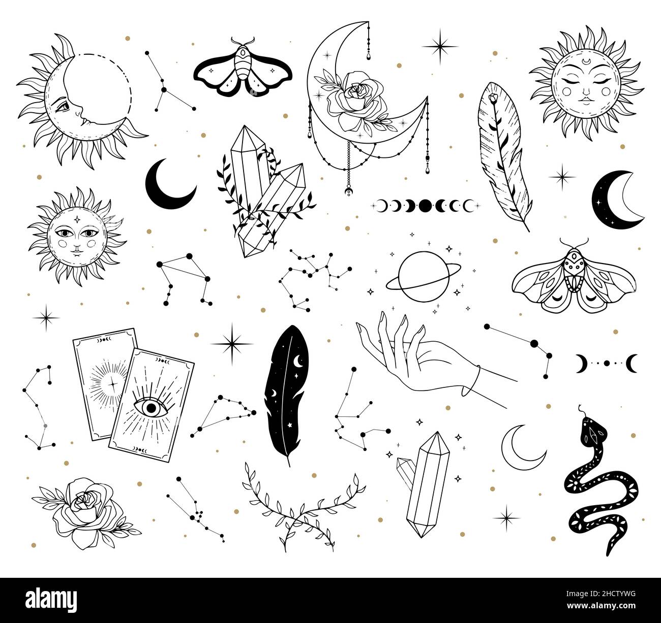 Set of hand drawn line art mystical magic elements Stock Vector Image ...