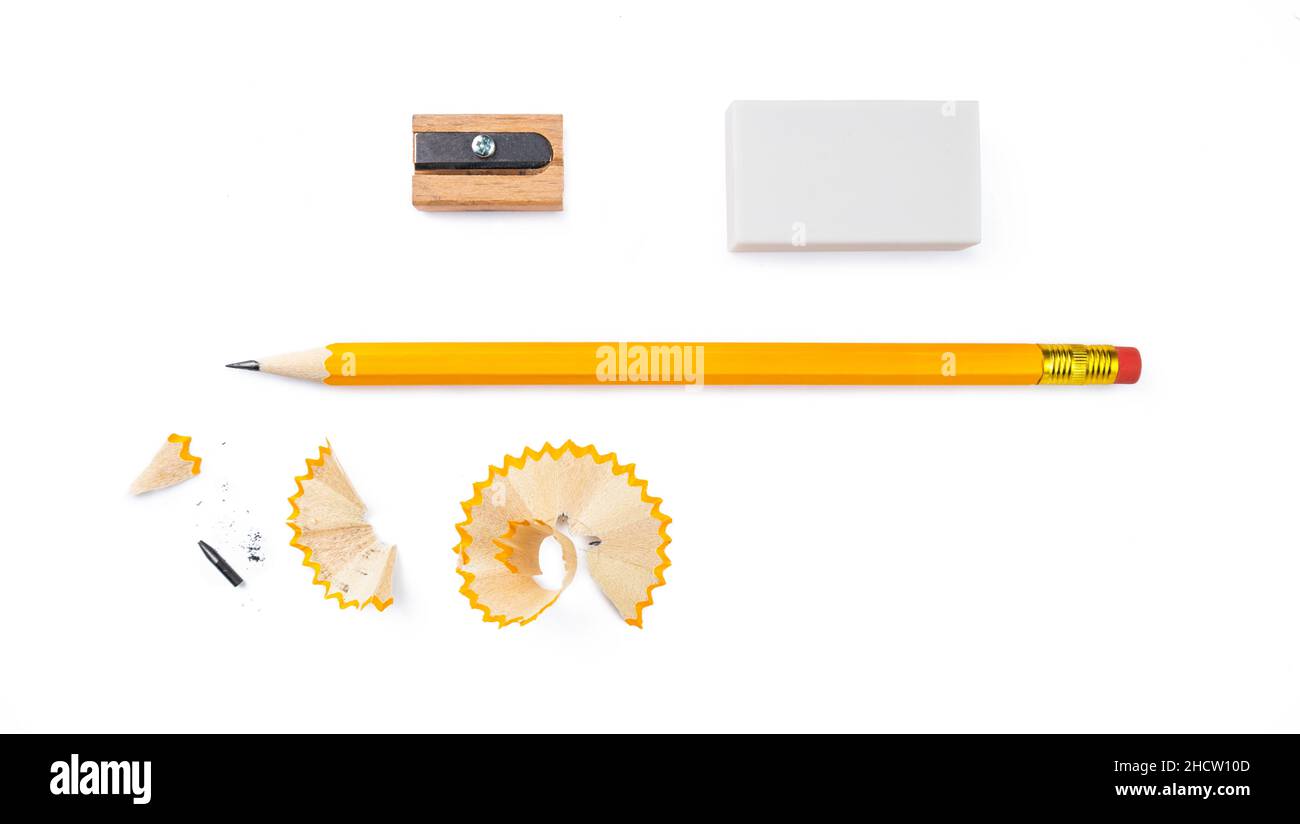 set of writing tools, pencil, eraser and sharpener isolated on white ...