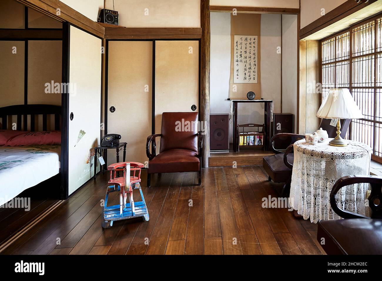 View inside a room of a heritage Japanese house inside the Jinguashi ...
