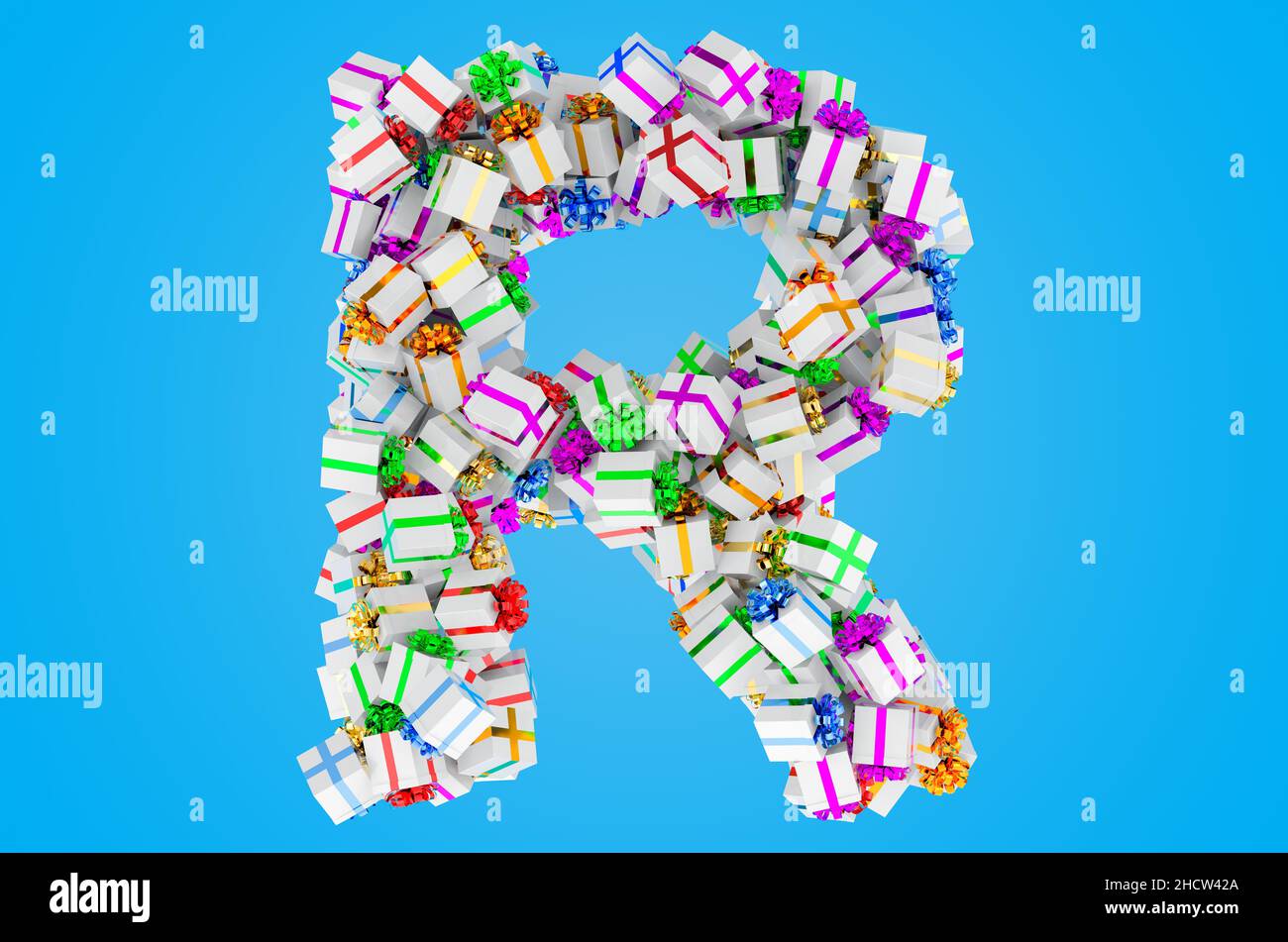 Letter R from gift boxes, 3D rendering isolated on blue background ...