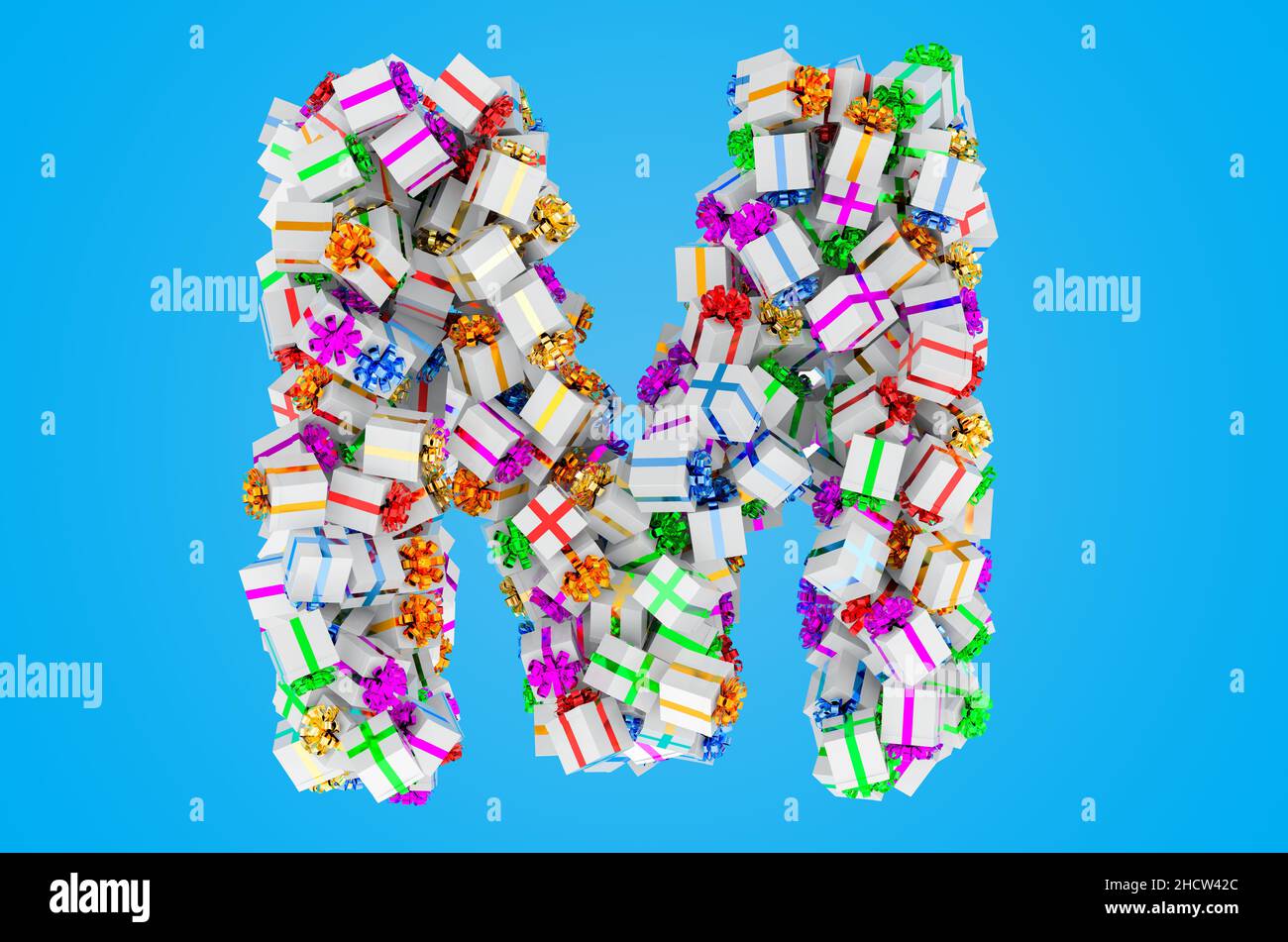 Letter M from gift boxes, 3D rendering isolated on blue background ...