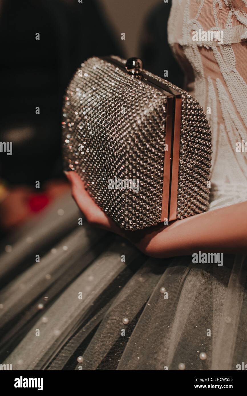Female hands holding a small metal silver sparkling clutch. Female ...