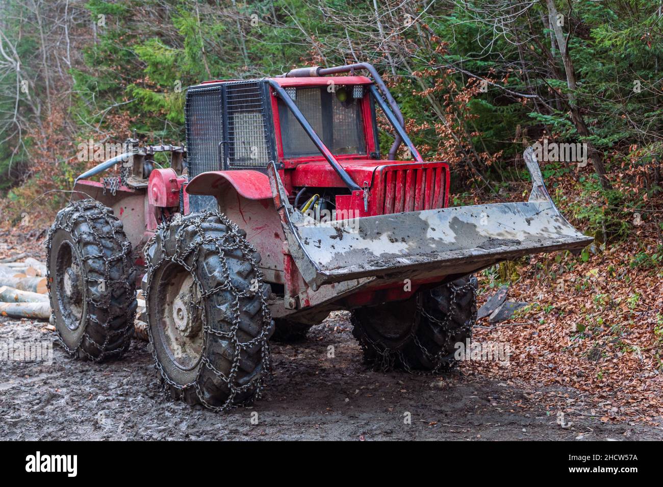 The red skidder in the forest. The timber skidding machine. Large ...