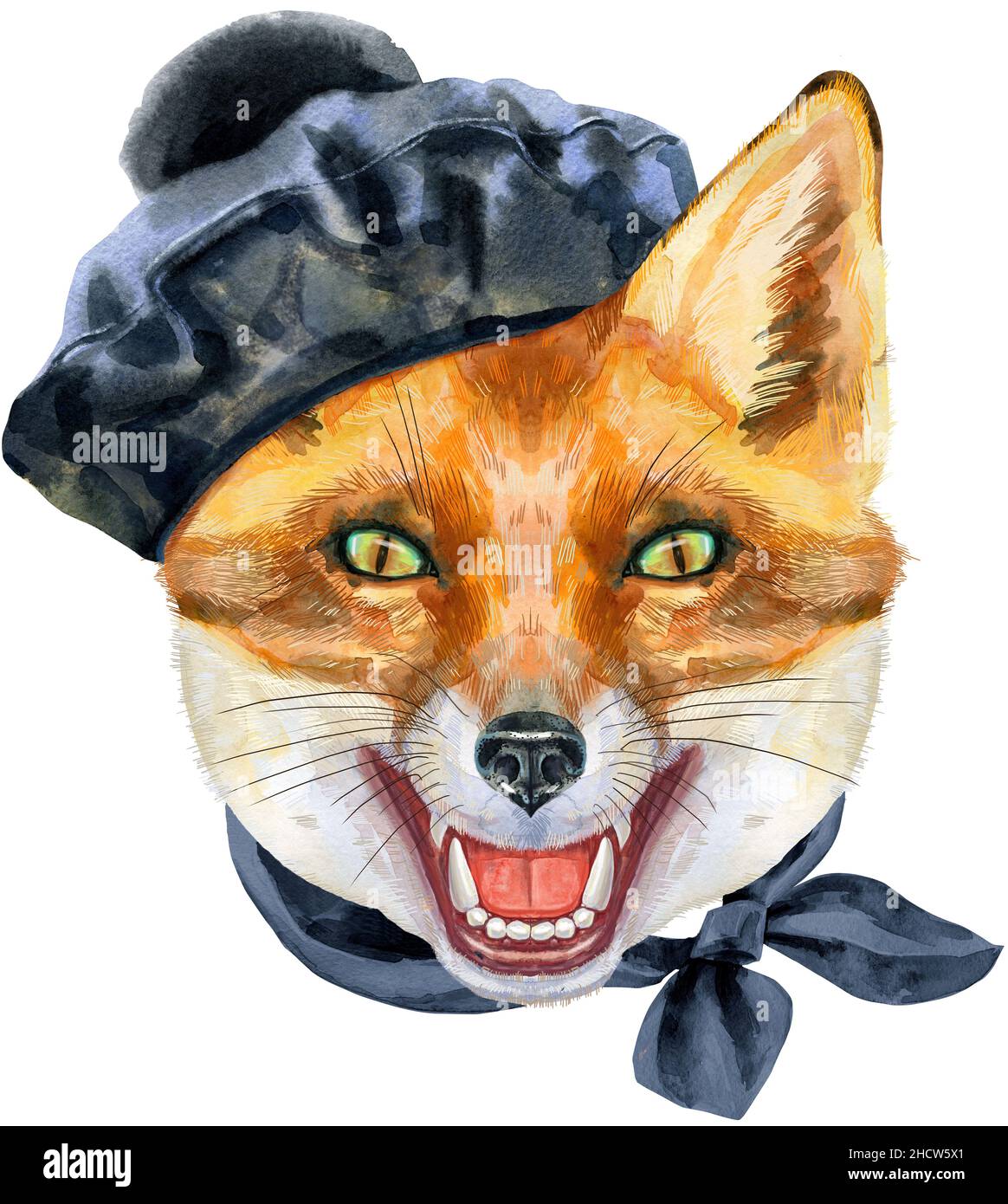 Fox portrait in black beret in pom-pom. Watercolor orange fox painting ...