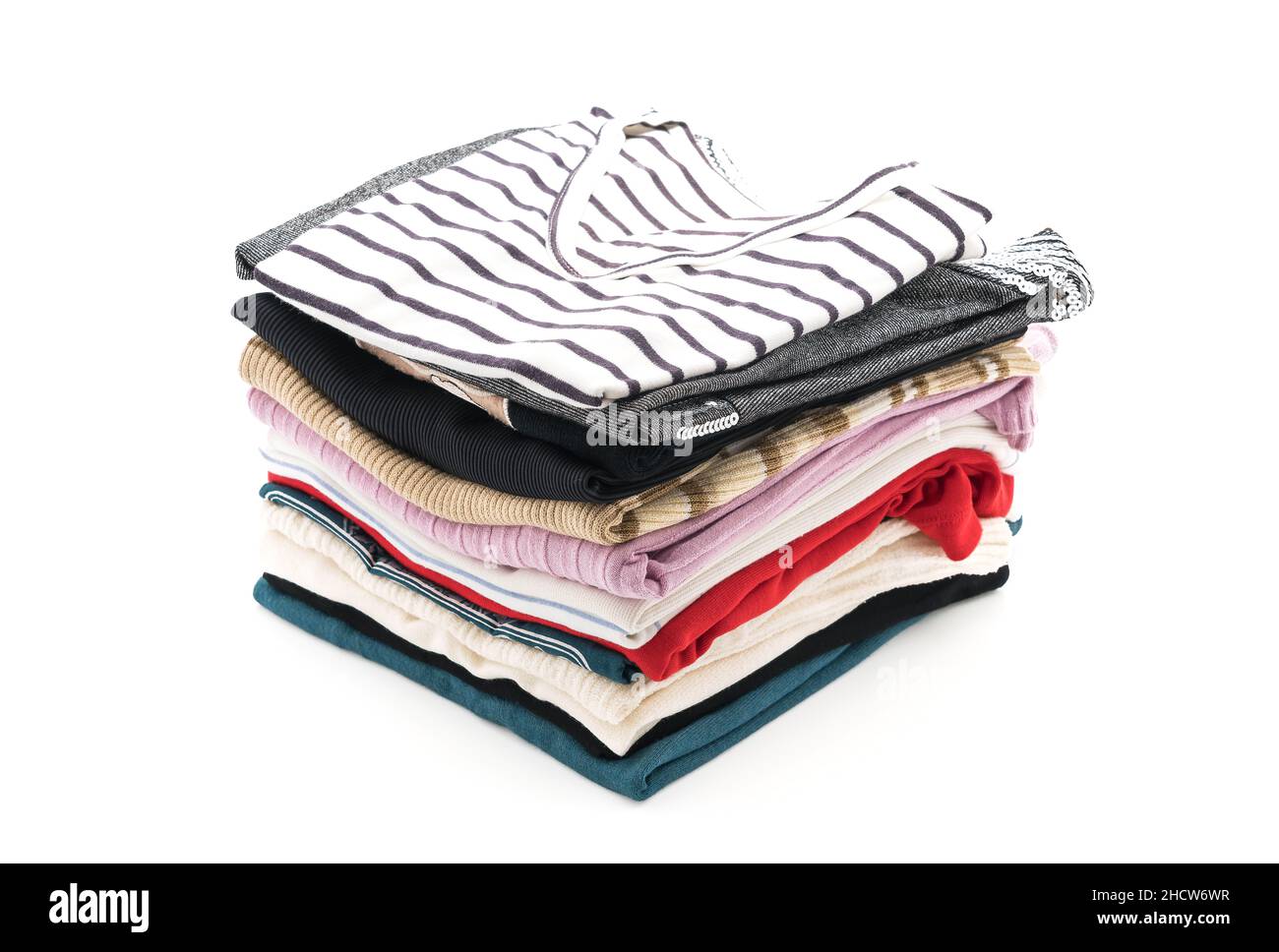 stacks of clothing on white background Stock Photo - Alamy