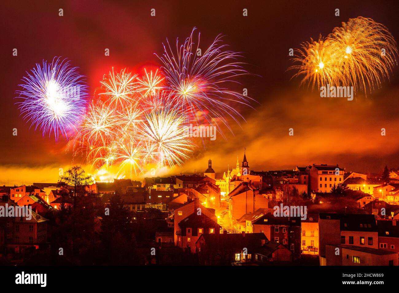 Turnov, Czech Republic. 01st Jan, 2022. Fireworks explode during the ...