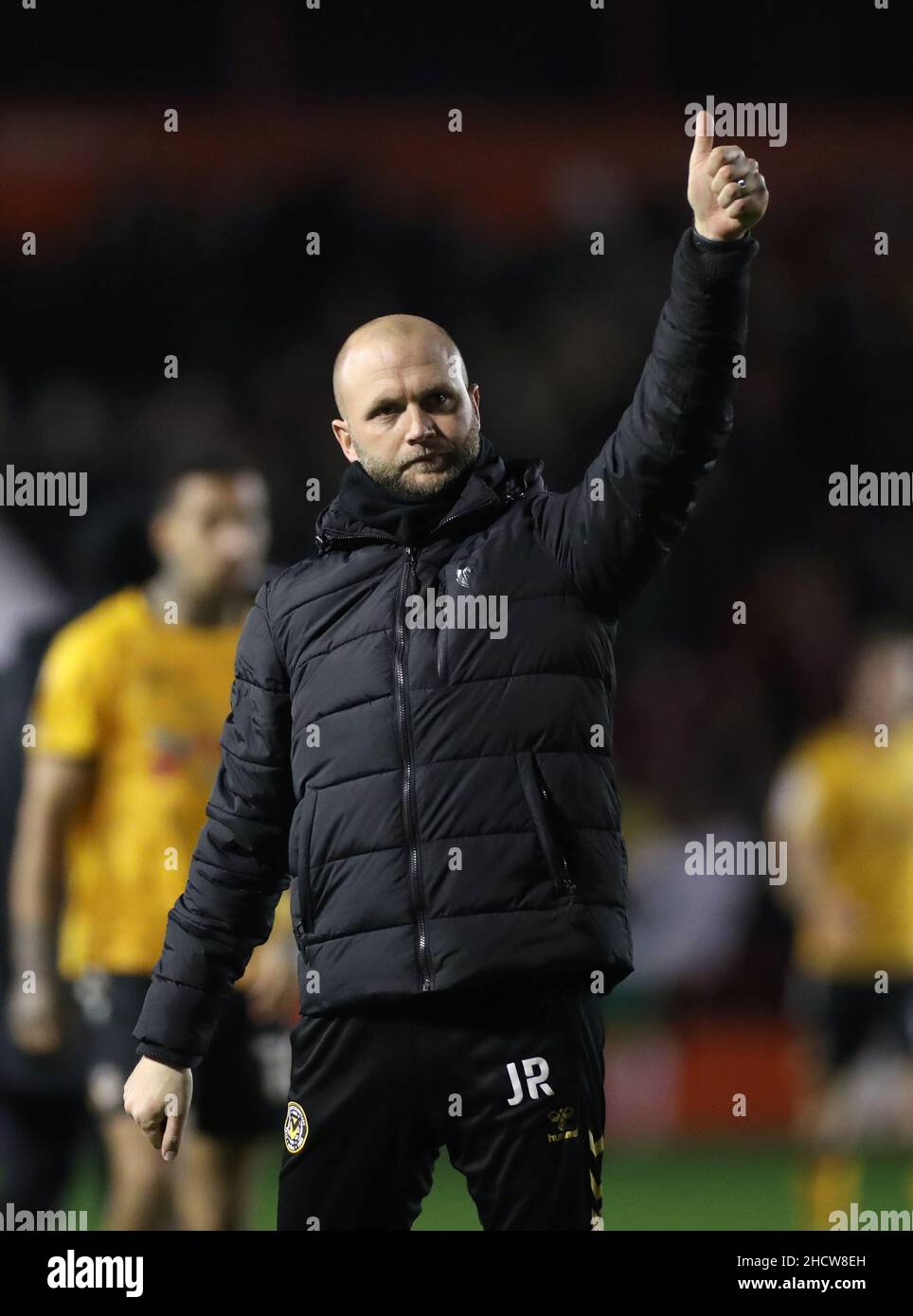 Newport County manager James Rowberry gives fans a thumbs up after the ...