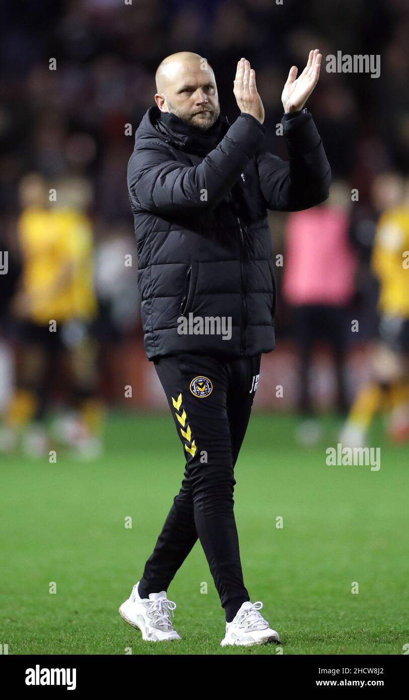 Newport County manager James Rowberry applauds the fans after the final ...
