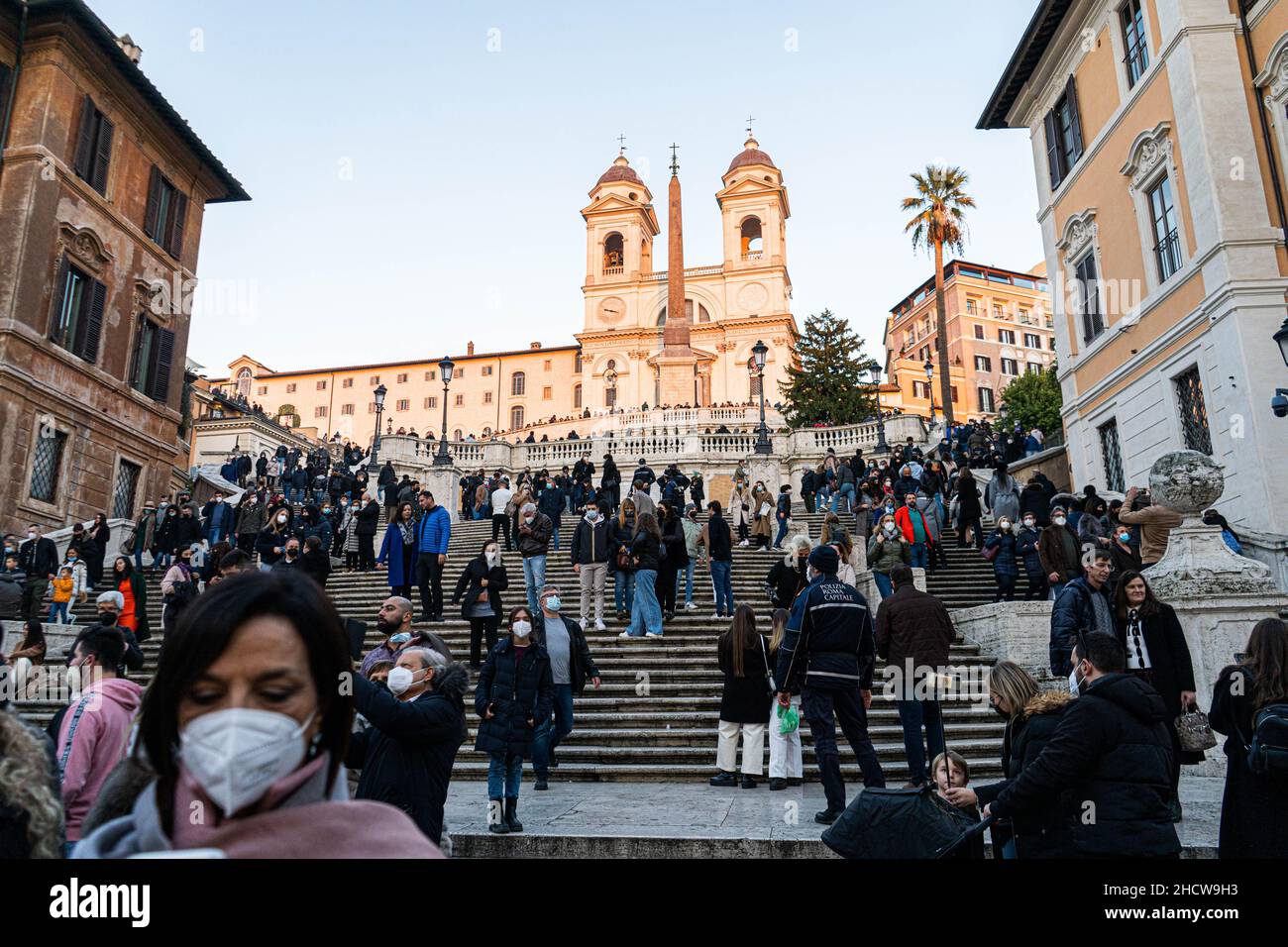 ROME, ITALY. 1 January 2022. Large crowds gather on the Spanish Steps ...