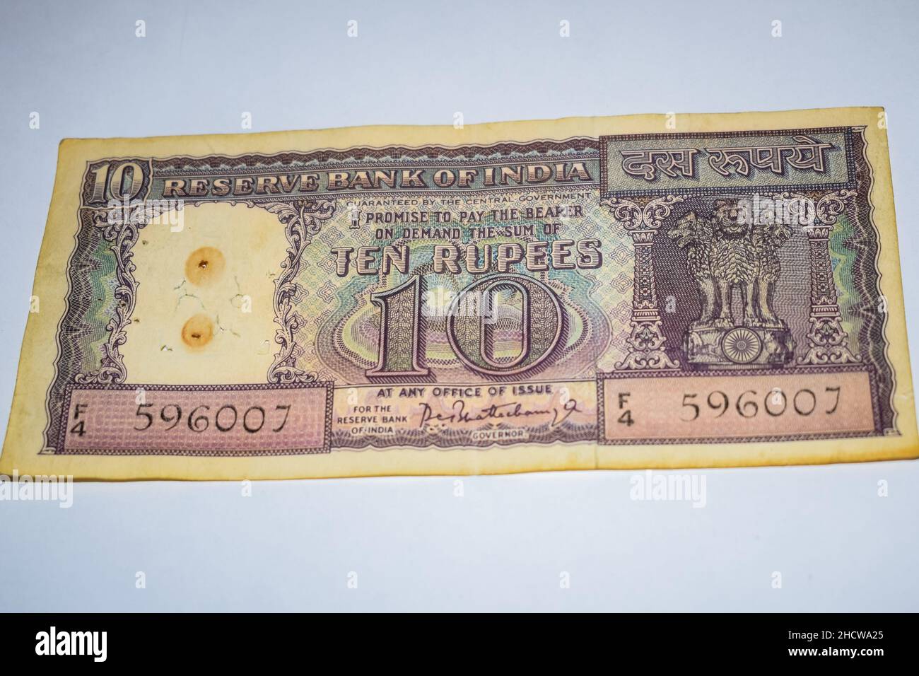 Rare Old Indian Ten rupee currency note on white background, Government ...