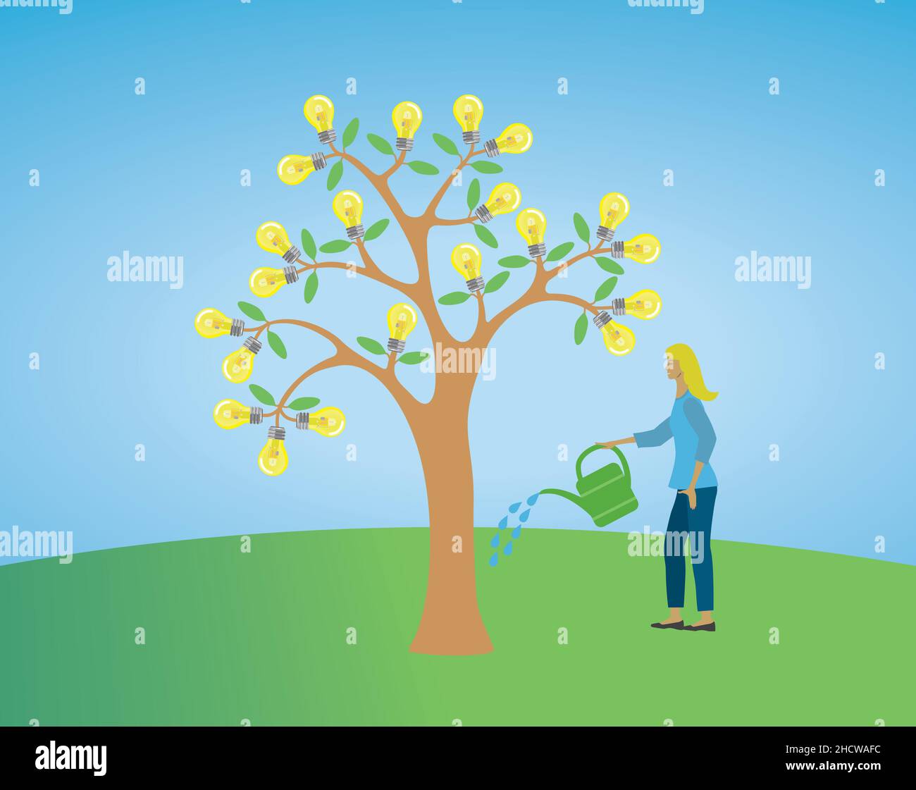 Woman watering tree to improve lightbulbs growing on tree. Vector ...