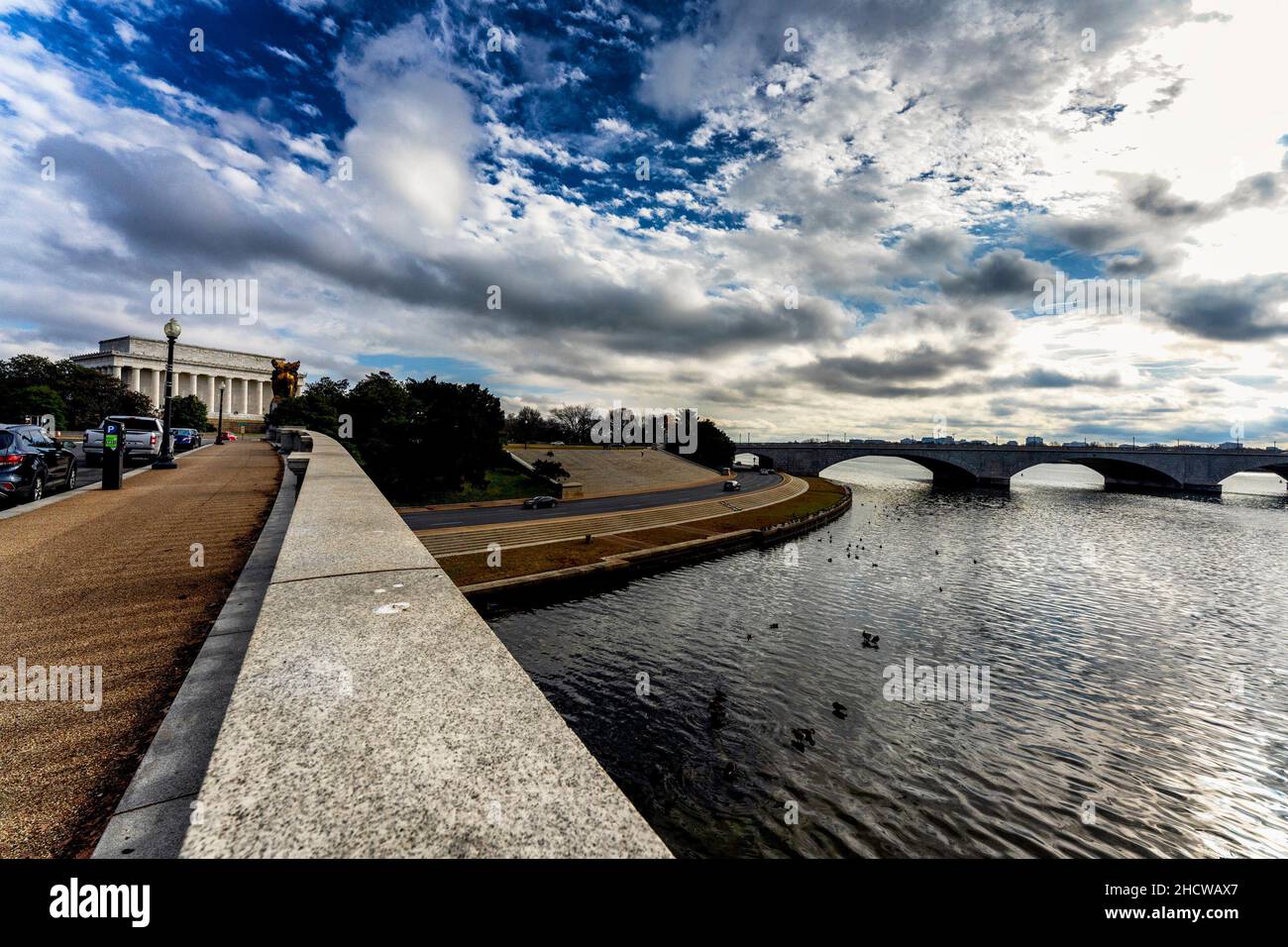 Dramatic winter sky over the Lincoln memorial and the Potomac River, in ...