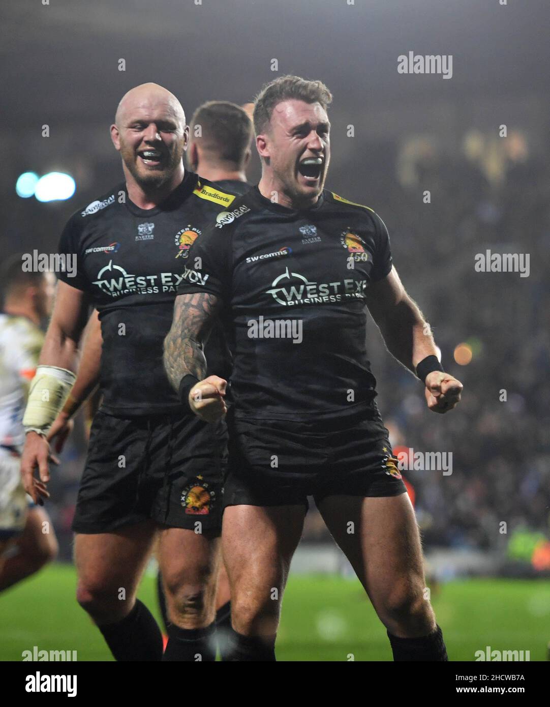 Exeter Chiefs' Stuart Hogg (right) celebrates with Jack Yeandle (left ...