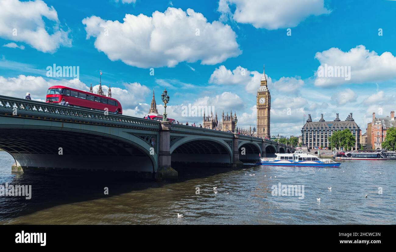 Big Ben, Westminster Bridge with red bus on River Thames in London, the UK Stock Photo - Alamy