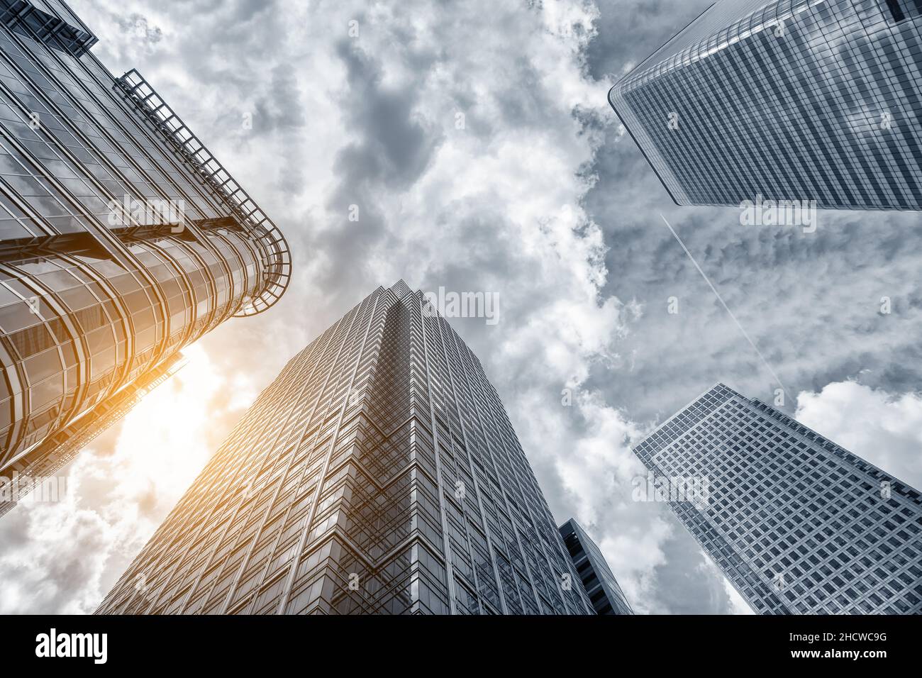 Perspective and underside angle view modern glass building skyscrapers ...
