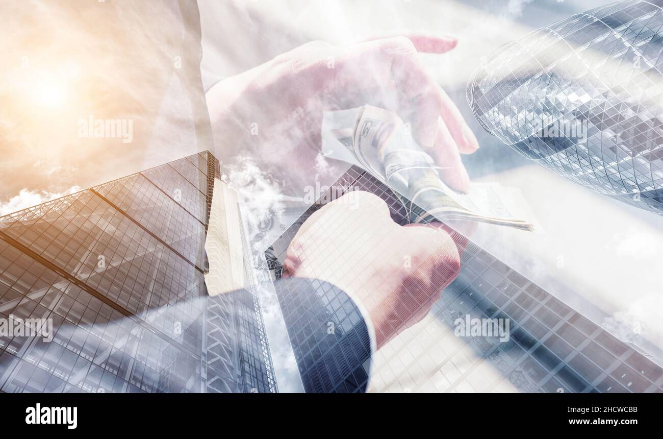 banking businessman counting money. Skyscraper office building on ...